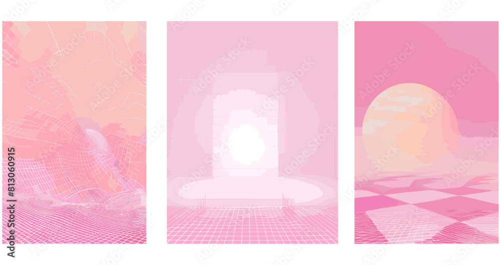 Y2K aesthetic poster set with pastel pink color, geometric shapes ...