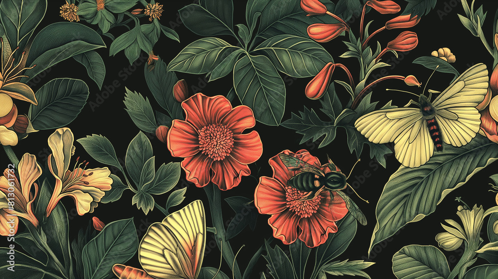 A detailed illustration of a plant's flowers and their pollinators ...