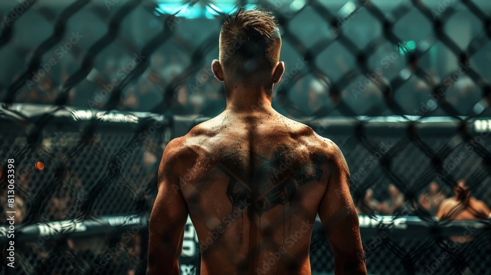 Back view of Fighter in the UFC octagon behind the octagon cage. Stock ...