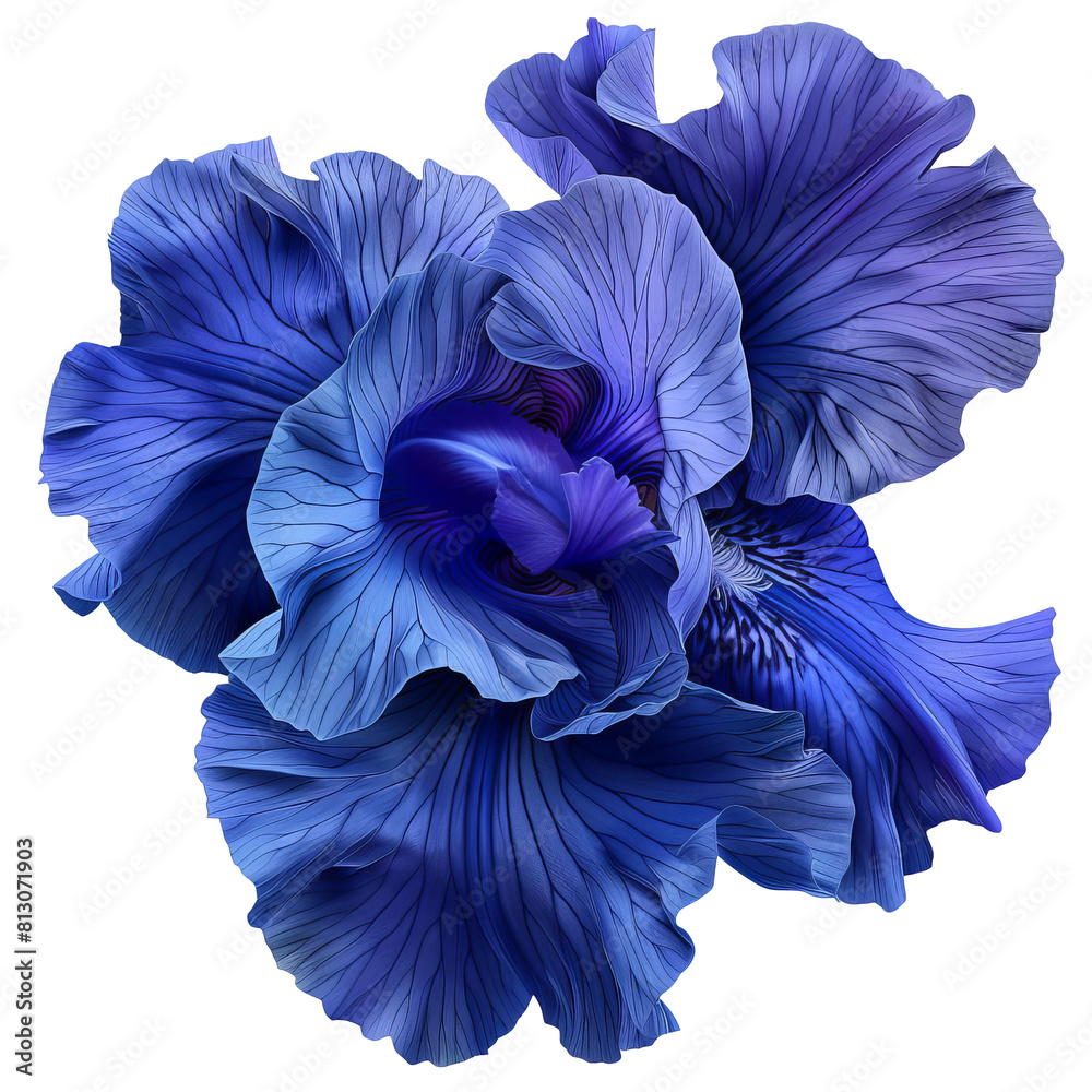 Iris, deep blue petals, elegant structure, isolated on a white ...