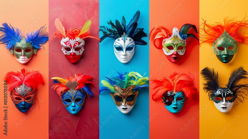 Bright carnival masks on a vibrant background color in an explosion of ...