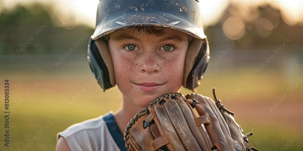 boy in a baseball uniform and helmet holding a leather glove, posing ...