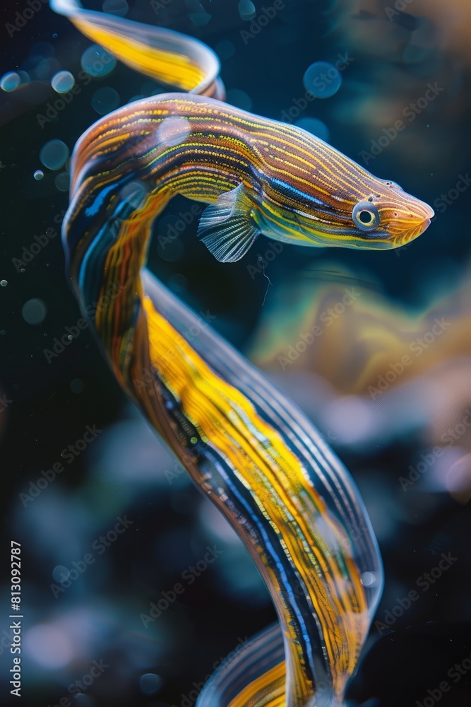 An exotic and rare ribbon eel elegantly moves through the water ...