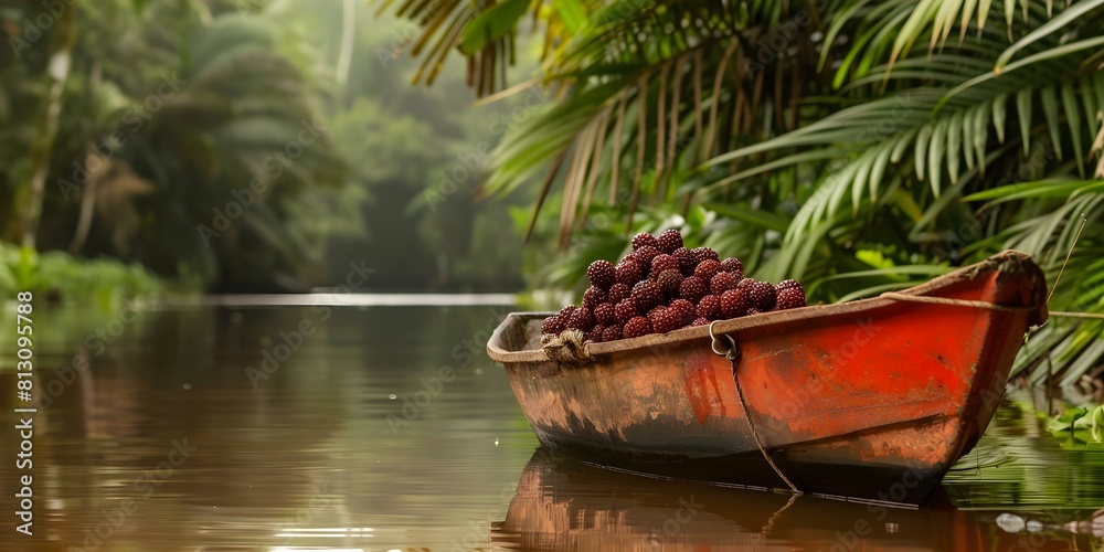 Red boat in Amazon rainforest with a basket of acai berries. Concept ...