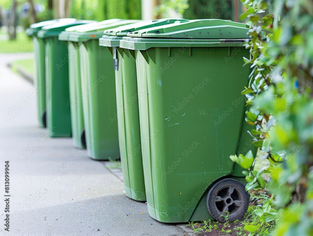 green trash cans standing next to each other on the street Stock ...