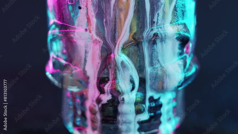 Paint skeleton. Fluid drip. Doom curse. Defocused neon pink blue color ...