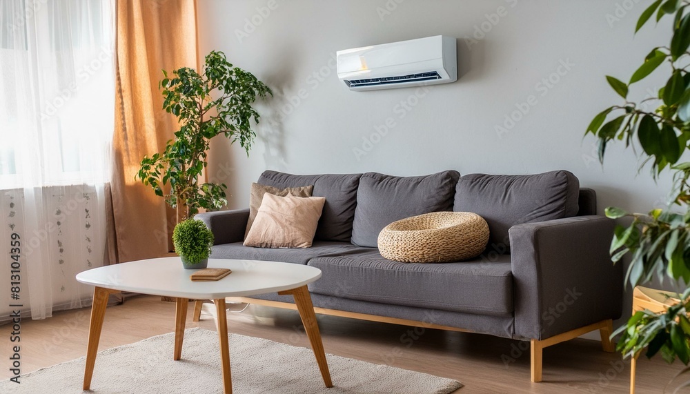 Living room interior with air conditioner. Adjusting comfort ...