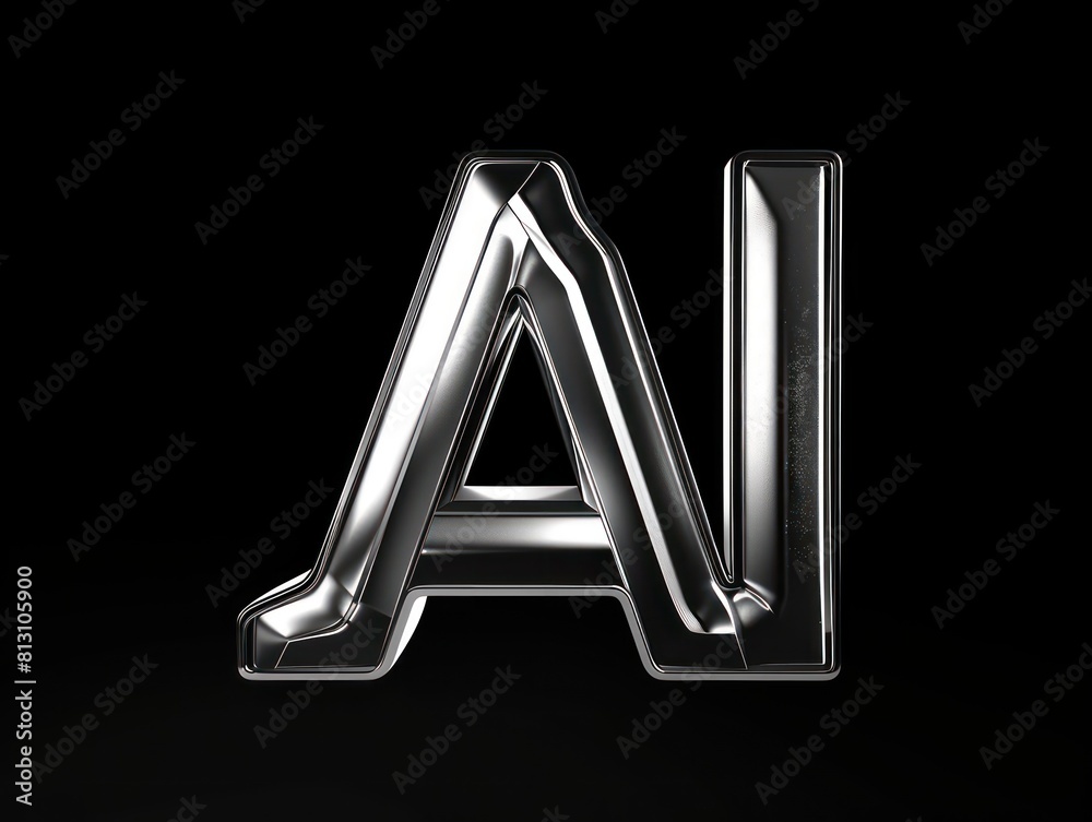 AI, artificial intelligence logo, 3d logo chrome texture, black ...
