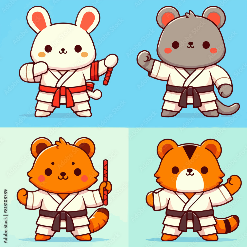 vector set of cute cartoon karate animals Stock Vector | Adobe Stock