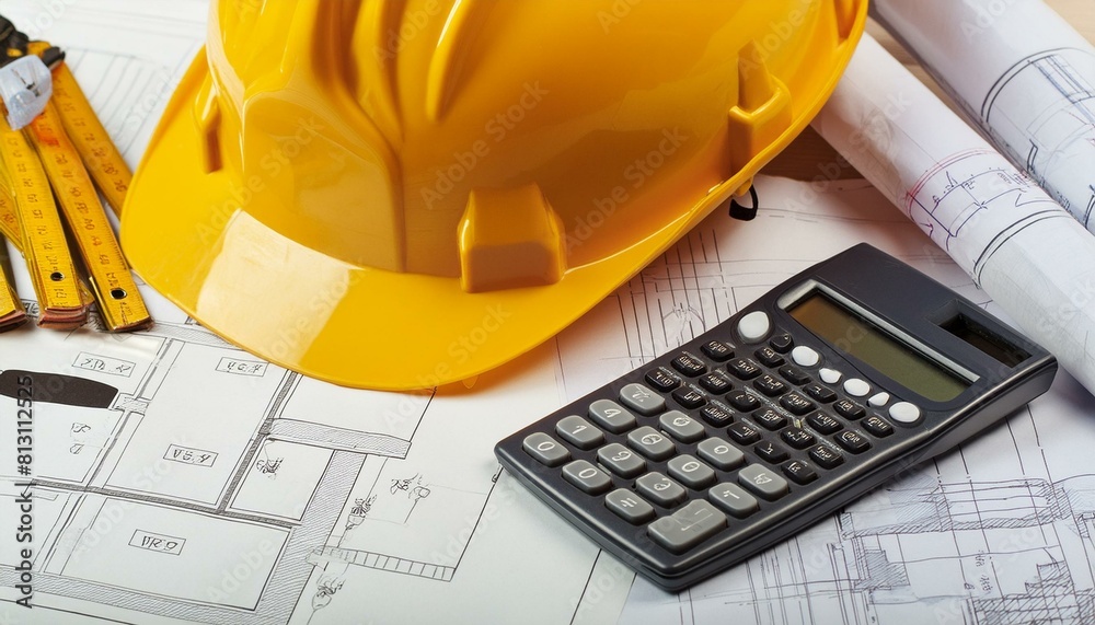 Yellow hard safety helmet hat and the blueprint, pen, ruler, protractor ...