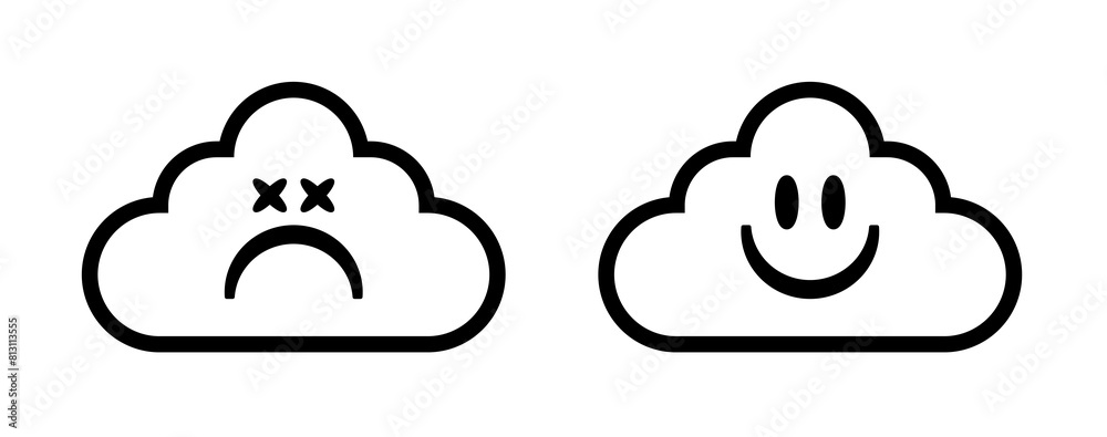 Happy and sad cloud face icon. Good and bad internet connection vector ...