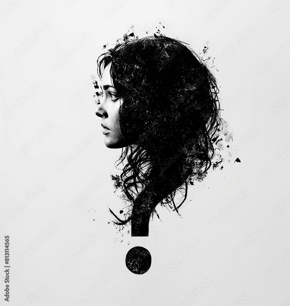 Female face with a question mark, stylization. Abstract image of a ...