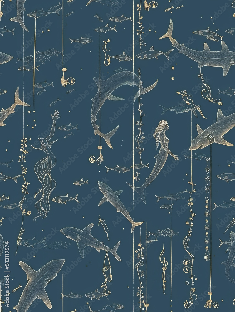 Nautical Pattern with Illustrated Marine Life on a Navy Blue Background ...