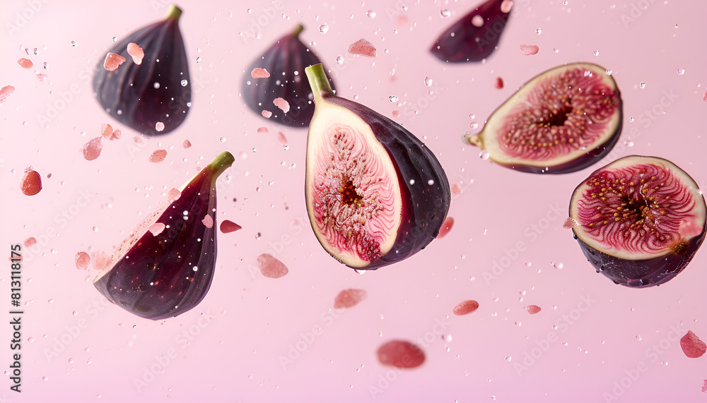 Flying in air fresh ripe whole and cut Figs isolated on pastel pink ...