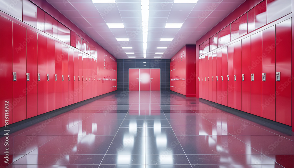 High school lobby with red shiny lockers. Fitness Gym. Concept of ...