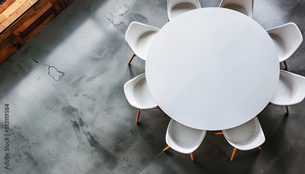 Top view of a conference room. A white round table and six chairs ...