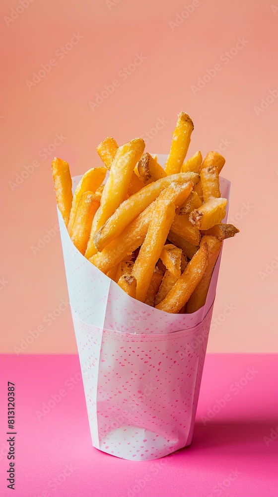 Portion of French fries wrapped in minimalist style on pastel ...