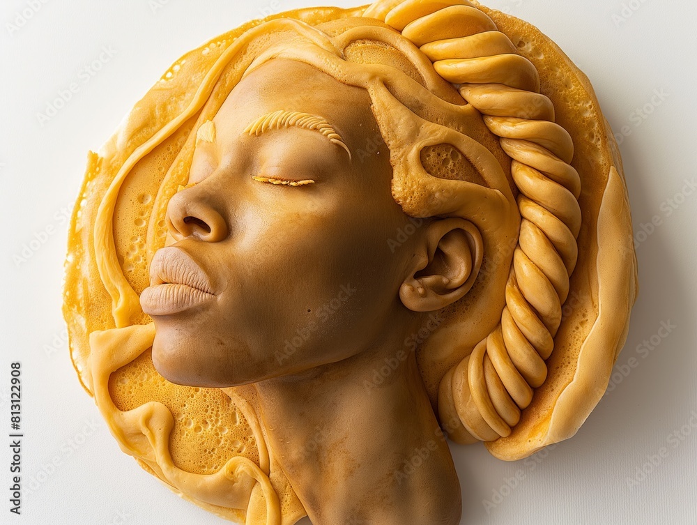 A woman's face is made of dough and is sitting on a white background ...