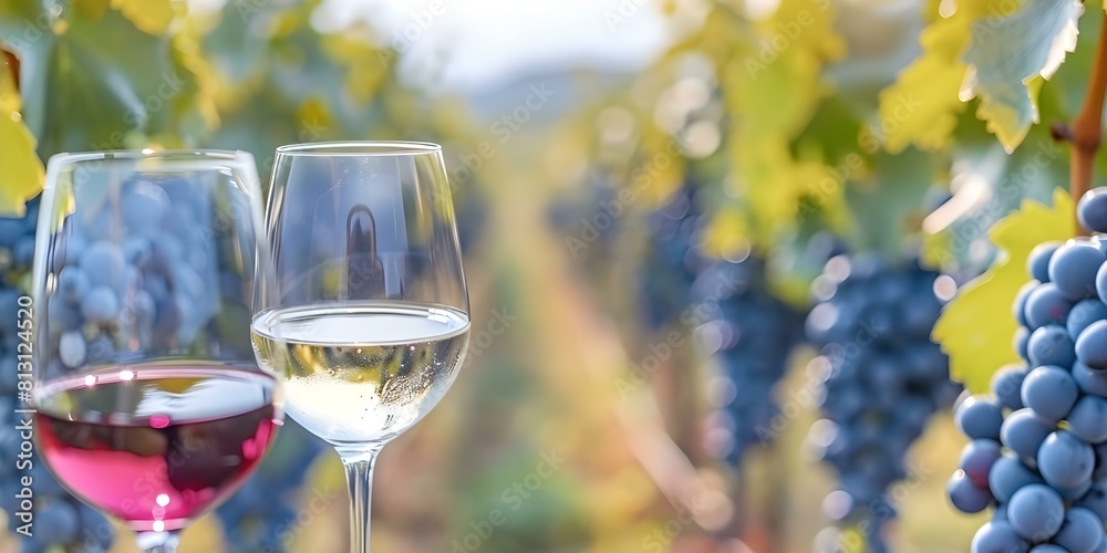 Vineyard background with glasses of red and white wine in a blurred ...