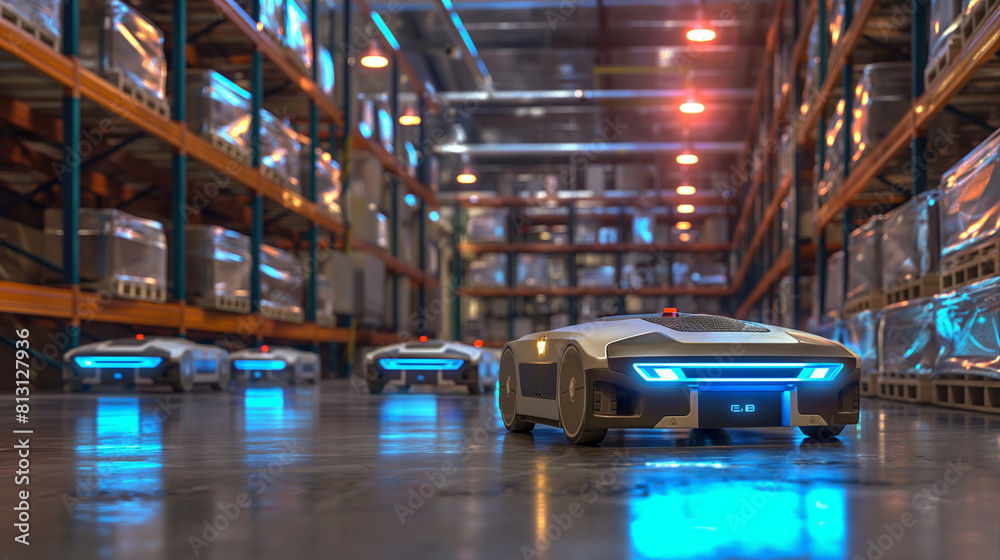 Autonomous mobile robots (AMRs) moving materials in a warehouse Stock ...