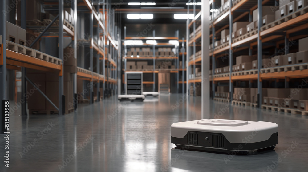 Autonomous mobile robots (AMRs) moving materials in a warehouse Stock ...