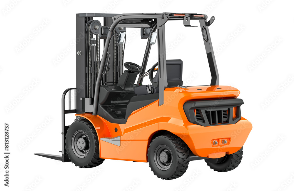 Warehouse forklift truck, orange color. 3D rendering isolated on ...