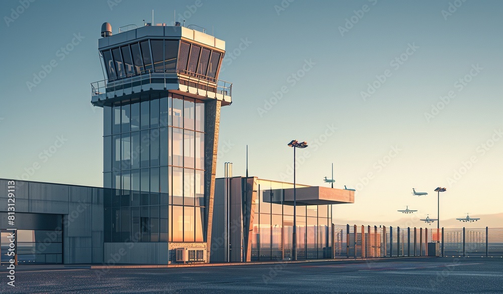 A modern control tower at the airport surrounded by concrete walls ...