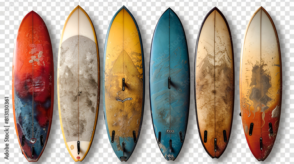 Three surfboards are lined up against a white background , A line of ...