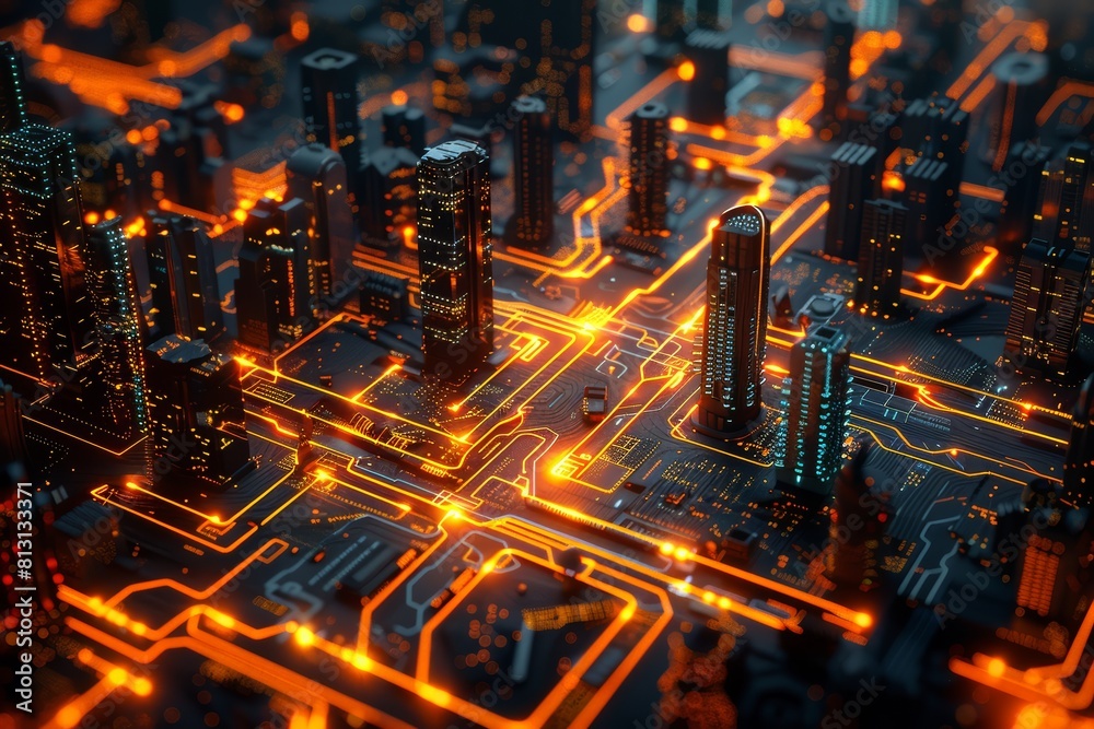 Digital city map with glowing lines, representing the concept of urban ...