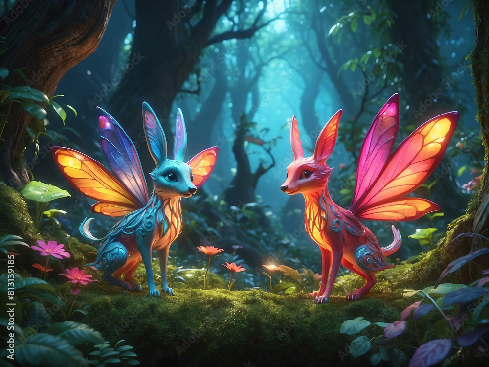 Fantasy animals, unreal creatures in a surreal forest of fairy tales of ...