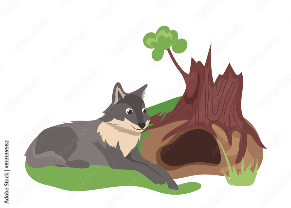 Cute gray wolf cartoon wild forest animal character living in burrow ...