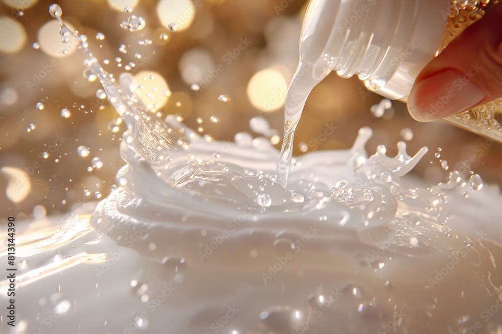 Pouring Cream: High Resolution Close-up of Milk Spilling from Bottle to ...