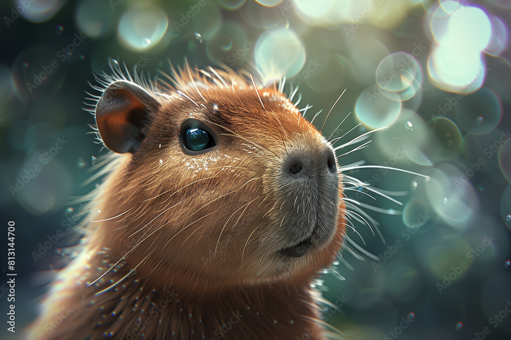 Cute closeup portrait of a capybara with big cute eyes on bokeh ...