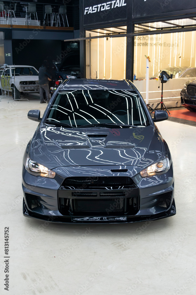 Mitsubishi Lancer Evolution front view high angle, grey JDM sportscar ...