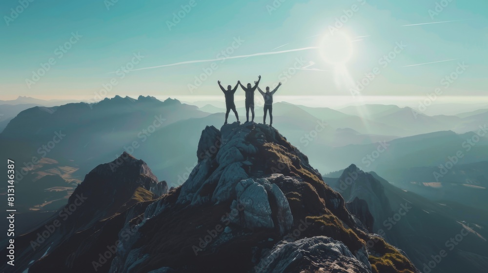 Together overcoming obstacles with three people holding hands up in the ...