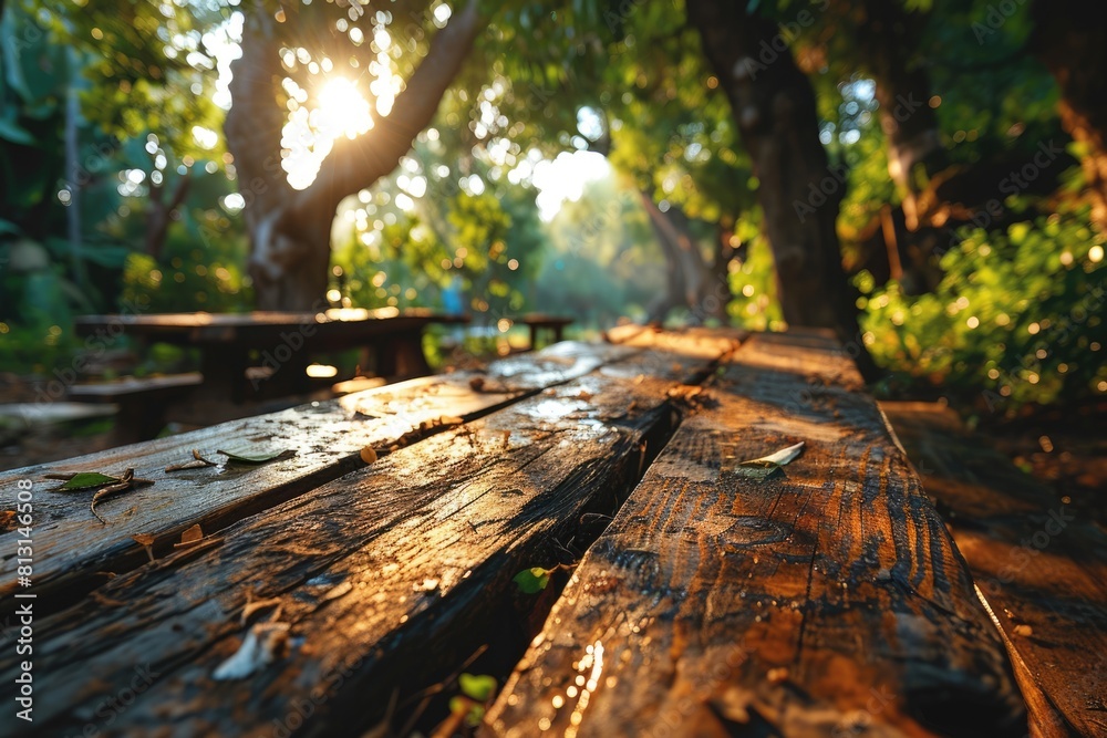 The picture of the wood table in the middle of the forest that ...