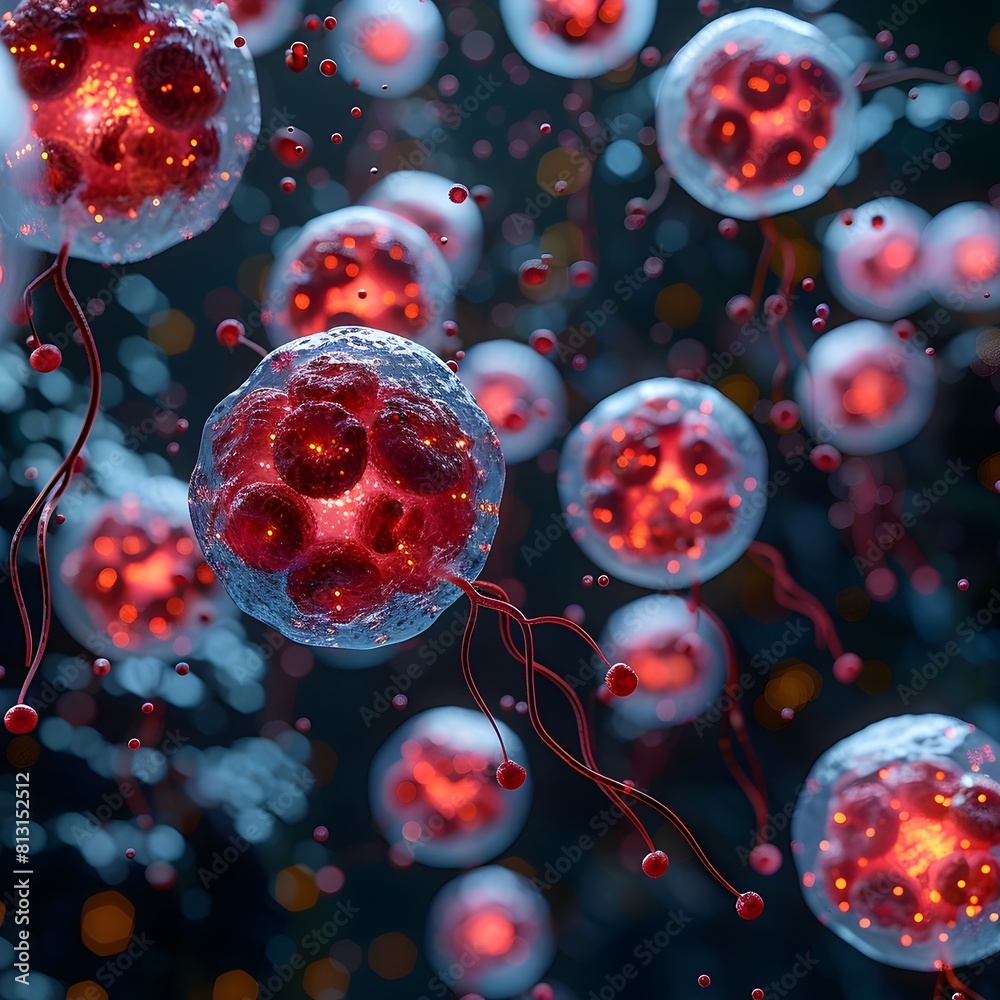 D Model of Human Cells Illuminated in Neon Color on Black Background ...