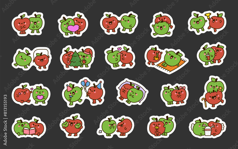 Couple funny apple friends. Sticker Bookmark. Cute cartoon food. Hand ...