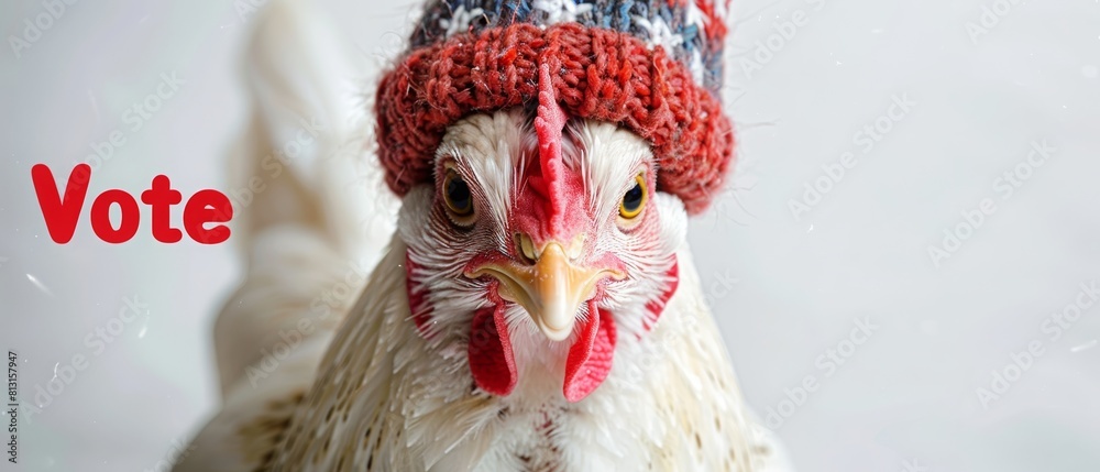 "vote" in red next to a rooster wearing a wool hat in colors of ...