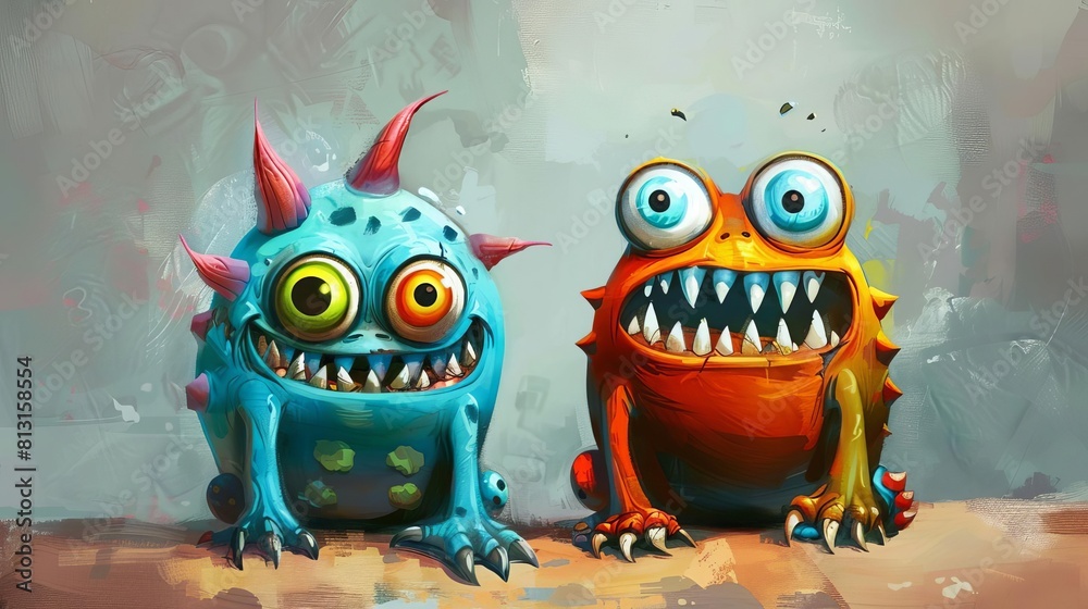 cartoon monsters two cute creatures with big eyes and toothy smiles ...