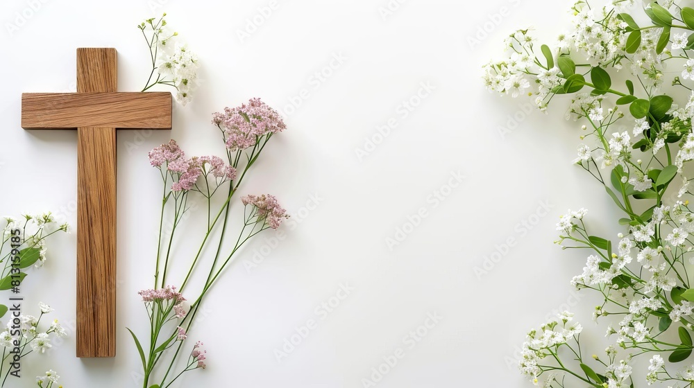 composition with christian wooden cross and flowers funeral invitation ...