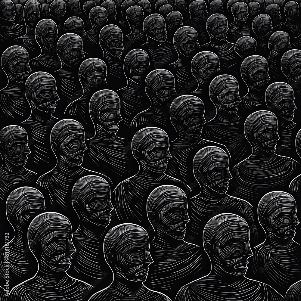 The black and white drawing depicts a crowd of people and we see many ...