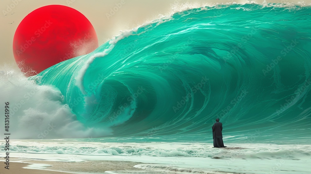 A man is a warrior with a sword in Japanese style. The scene is a ...