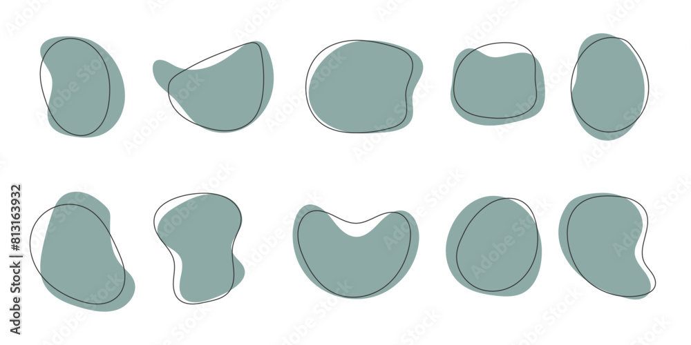 A set of abstract irregular blob shapes. Organic green blob with black ...