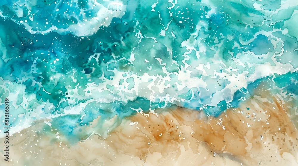 Watercolor illustration of ocean waves and sandy beach. Artistic ...
