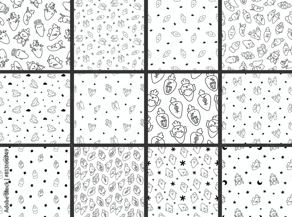 Kawaii Carrot With Funny Faces Seamless Pattern Coloring Page Cute
