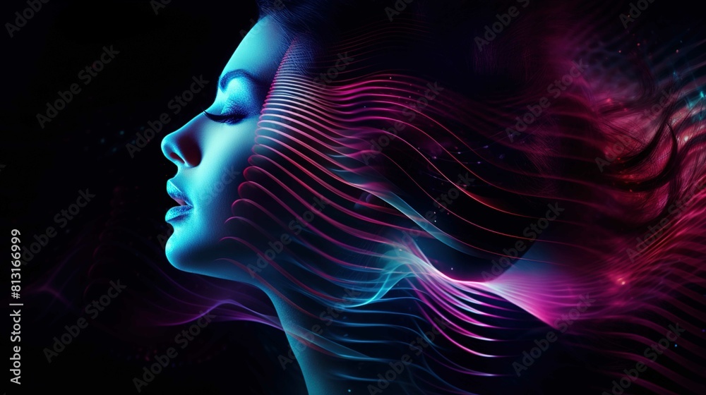 The image features a side profile of a woman's face subtly blended with ...
