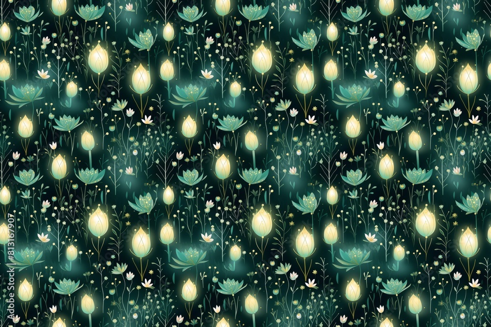 Seamless floral pattern with luminescent flowers and leaves on dark ...