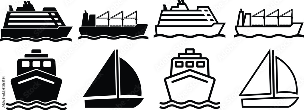 ship and boat icon in flat, line style set. water transport symbol ...