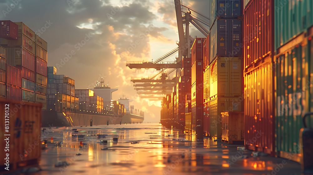 Container ship terminal, Unloading and quay crane of container ship at ...